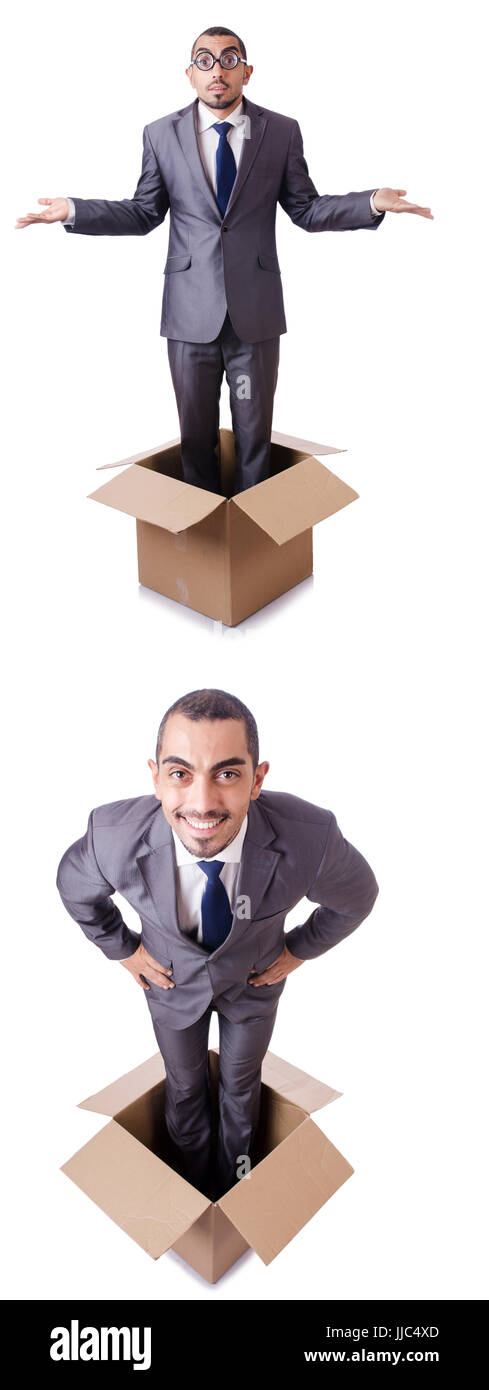 Man in thinking outside the box concept Stock Photo - Alamy