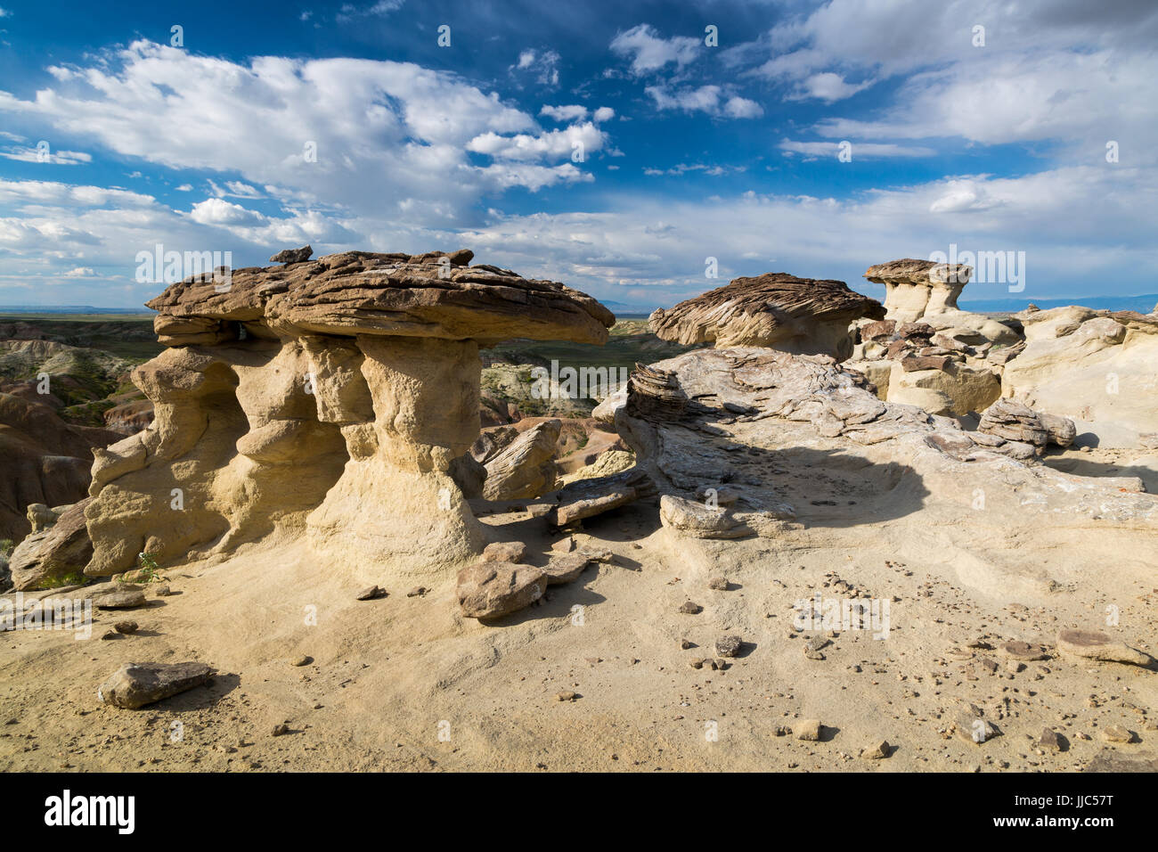 Eroded sandstone layers creating abstract forms in the badlands of the ...