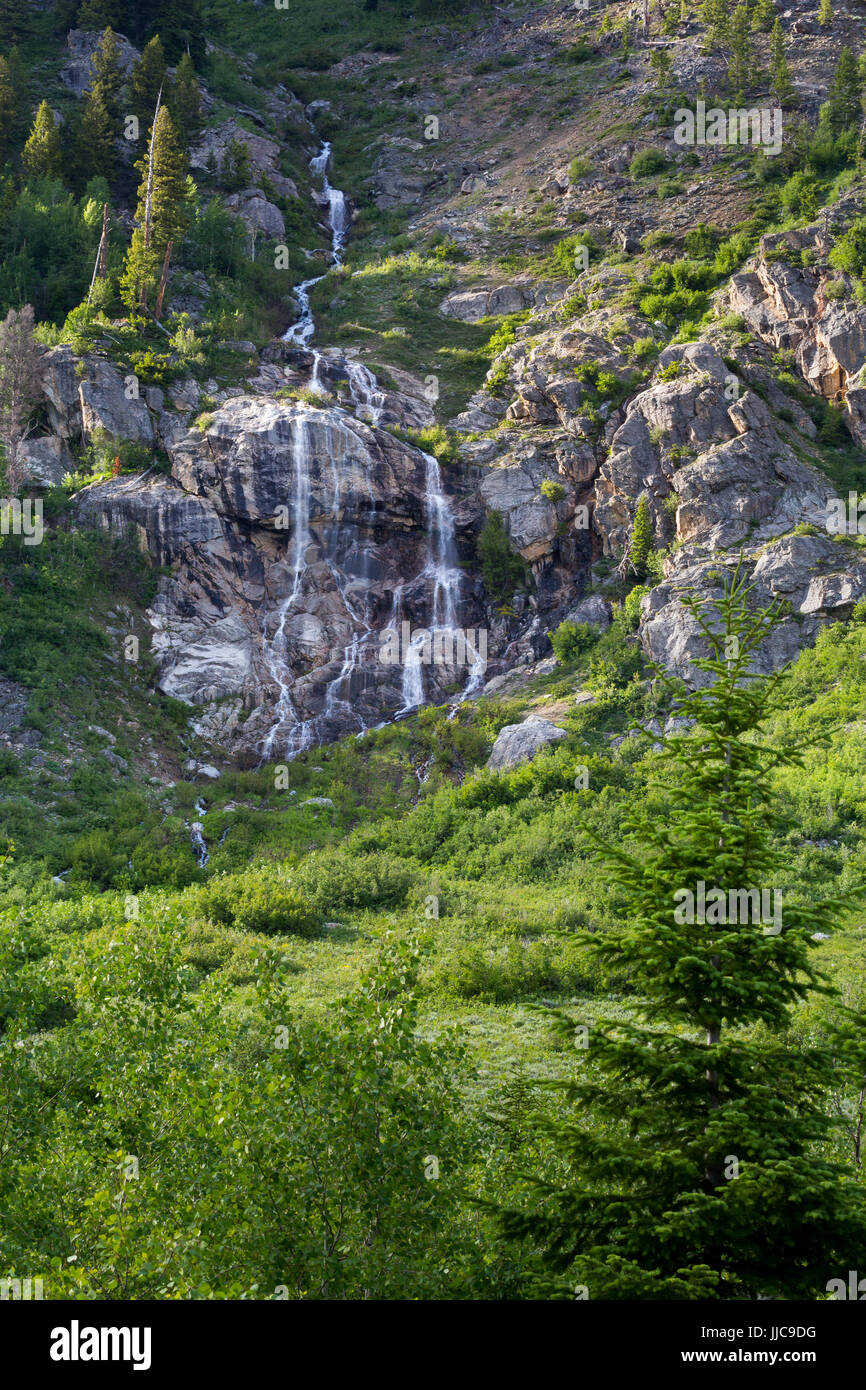 A waterfall fed from snow melt pouring over rocky cliffs near Death Canyon. Grand Teton National ...