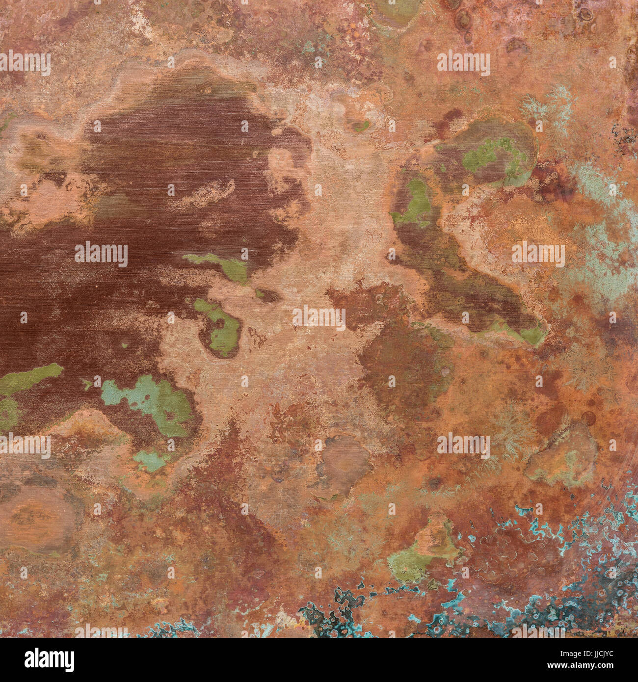 Aged copper plate texture with green patina stains. Old worn metal ...