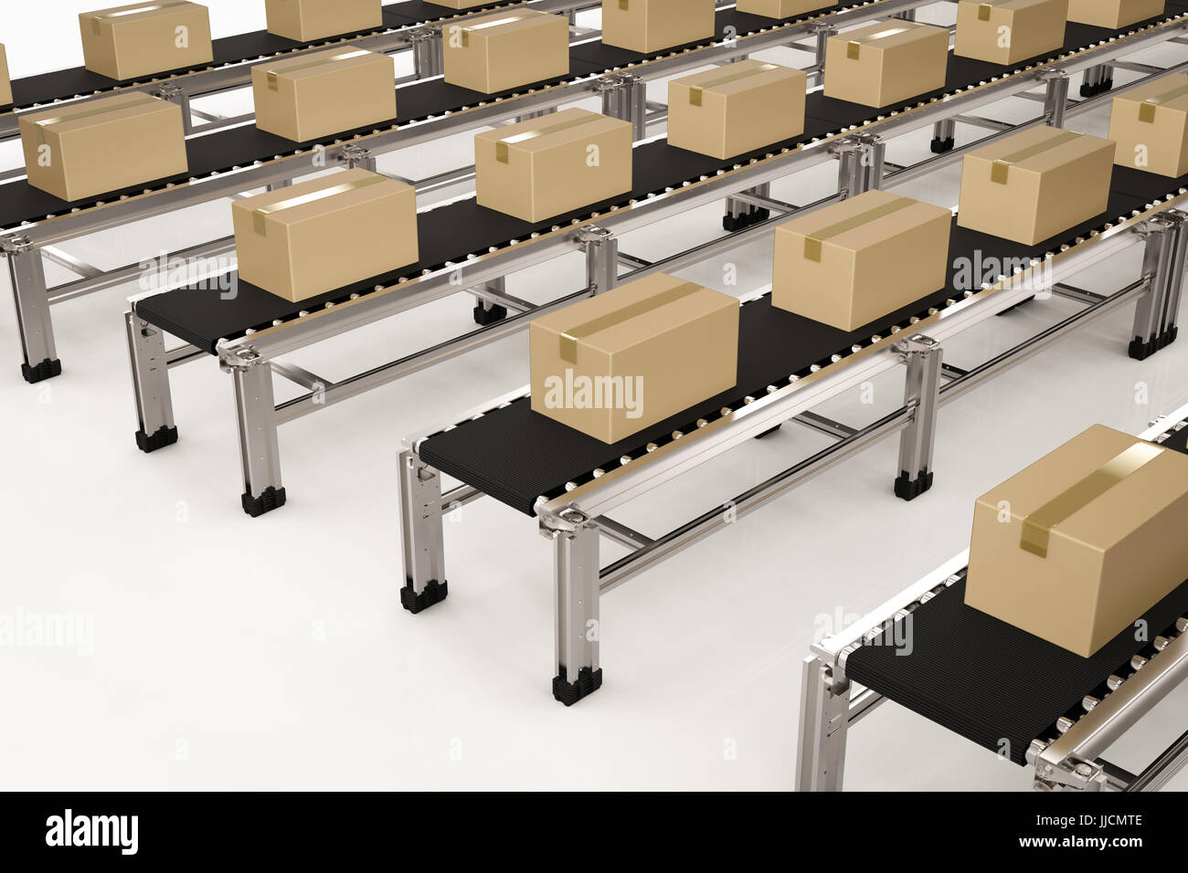 3d rendering carton boxes on conveyor belts Stock Photo - Alamy