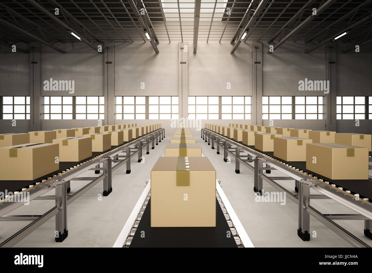 3d rendering carton boxes on conveyor belts in factory Stock Photo - Alamy
