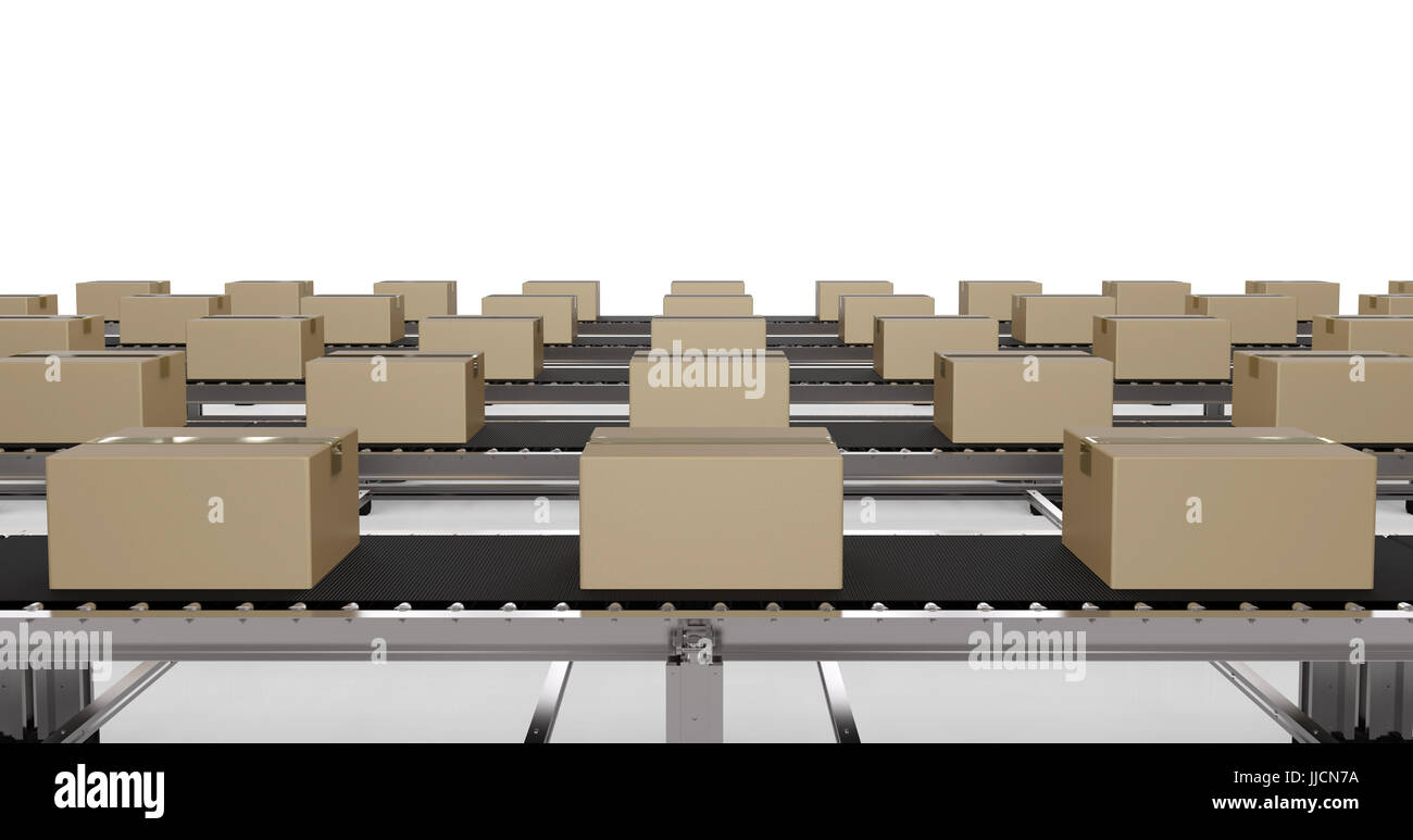 3d rendering carton boxes on conveyor belts Stock Photo - Alamy