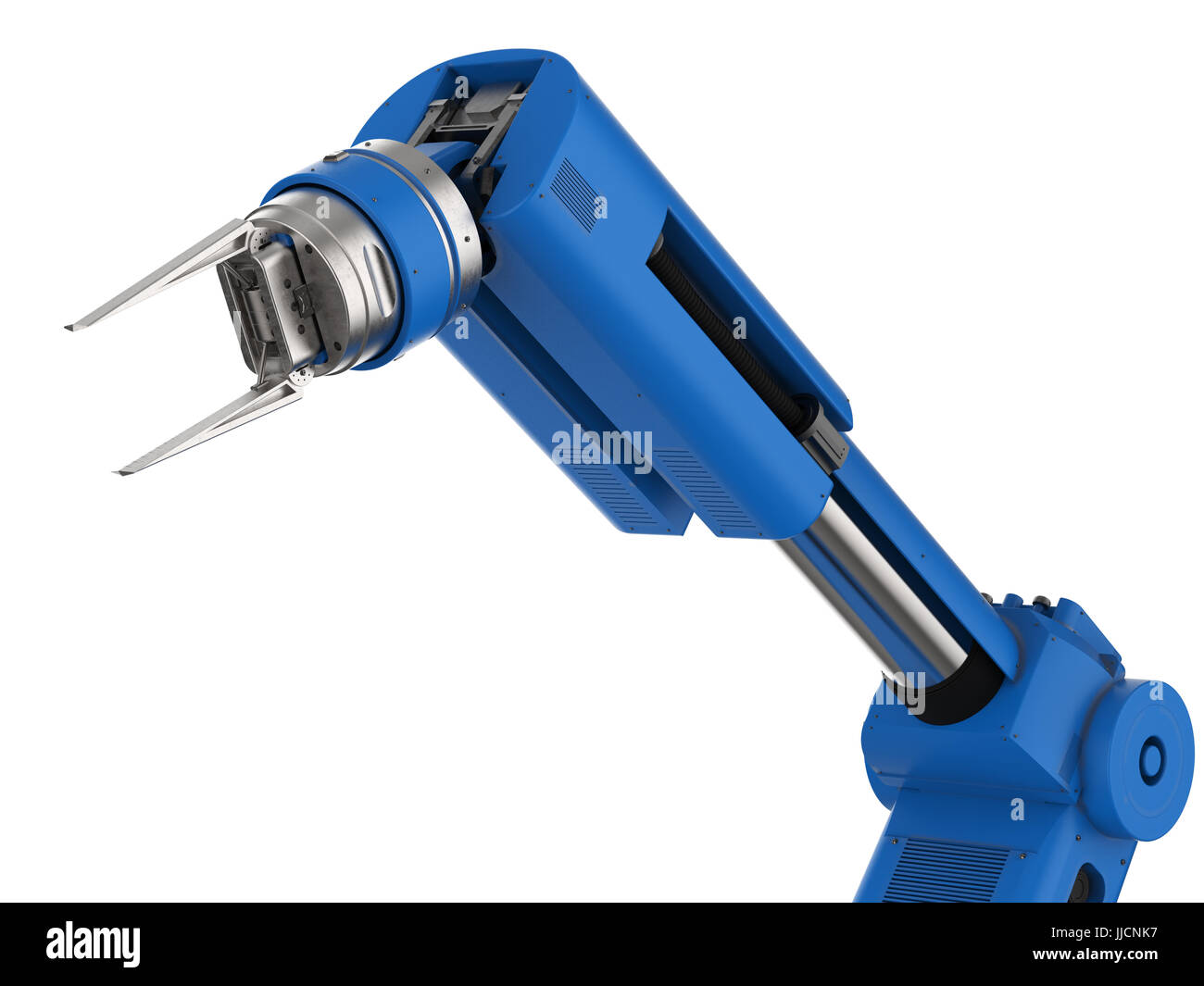 3d rendering blue robot arm on white background Stock Photo - Alamy