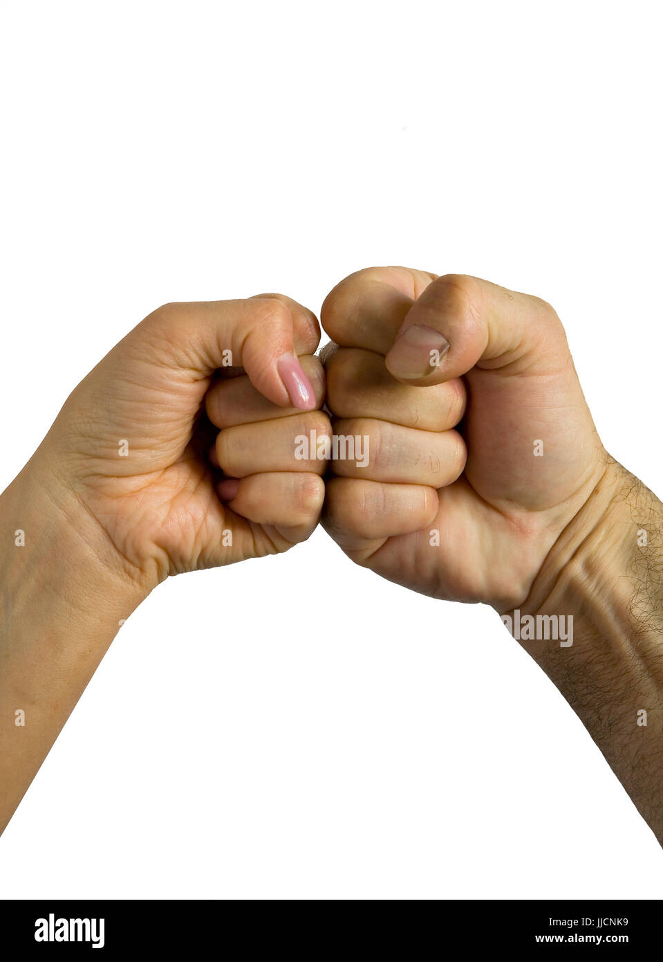 The male and female palms are clenched into a fist. On a white ...