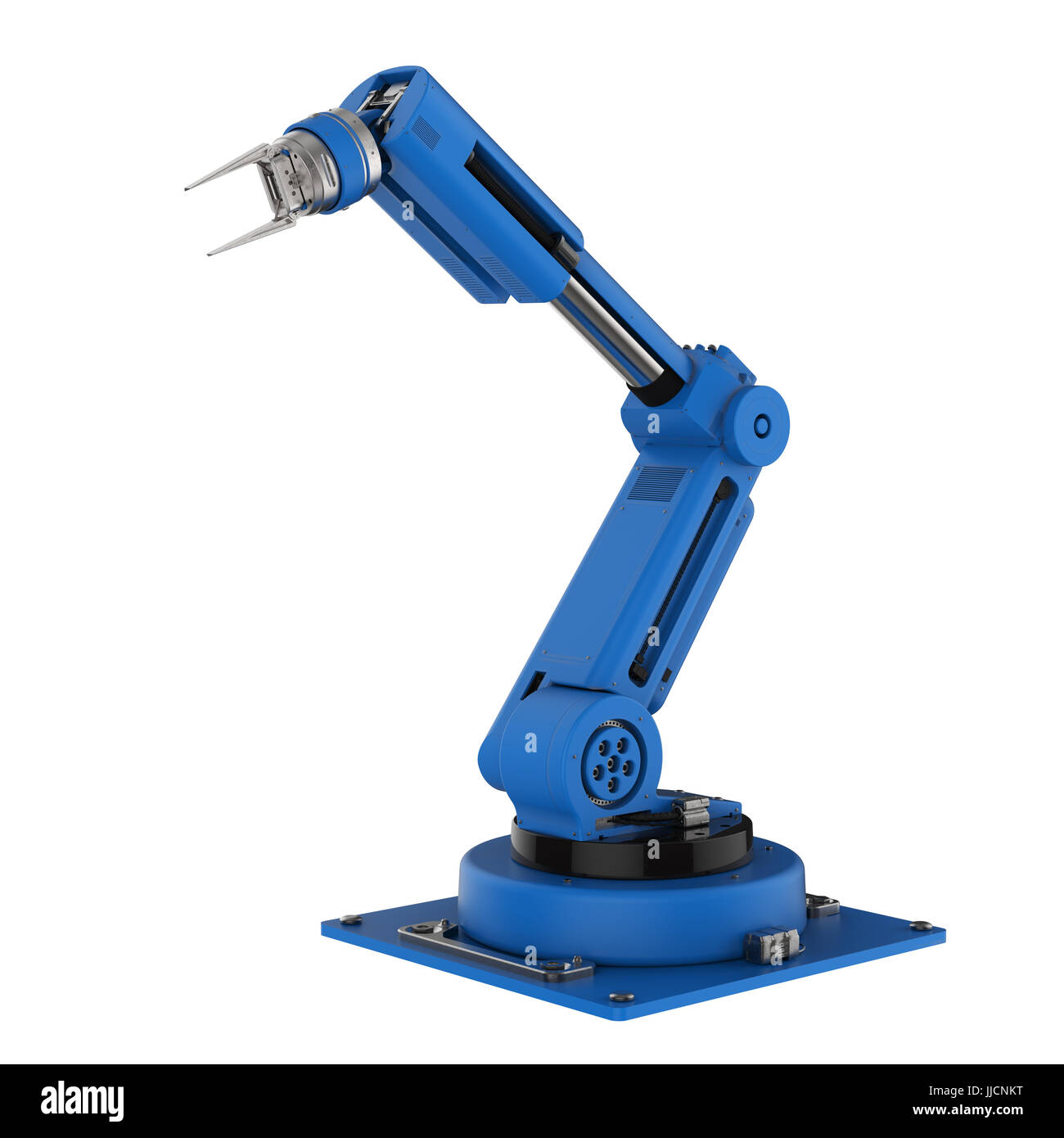 3d rendering blue robot arm on white background Stock Photo - Alamy