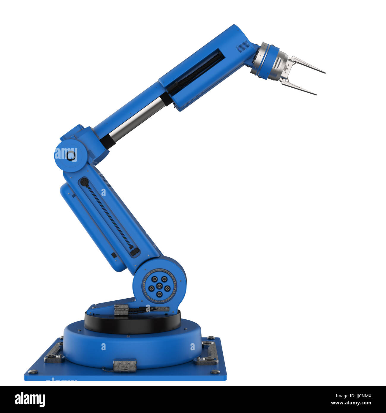 3d rendering blue robot arm on white background Stock Photo - Alamy