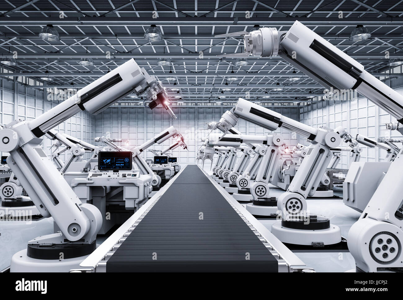 3d rendering robot arms with conveyor line Stock Photo - Alamy