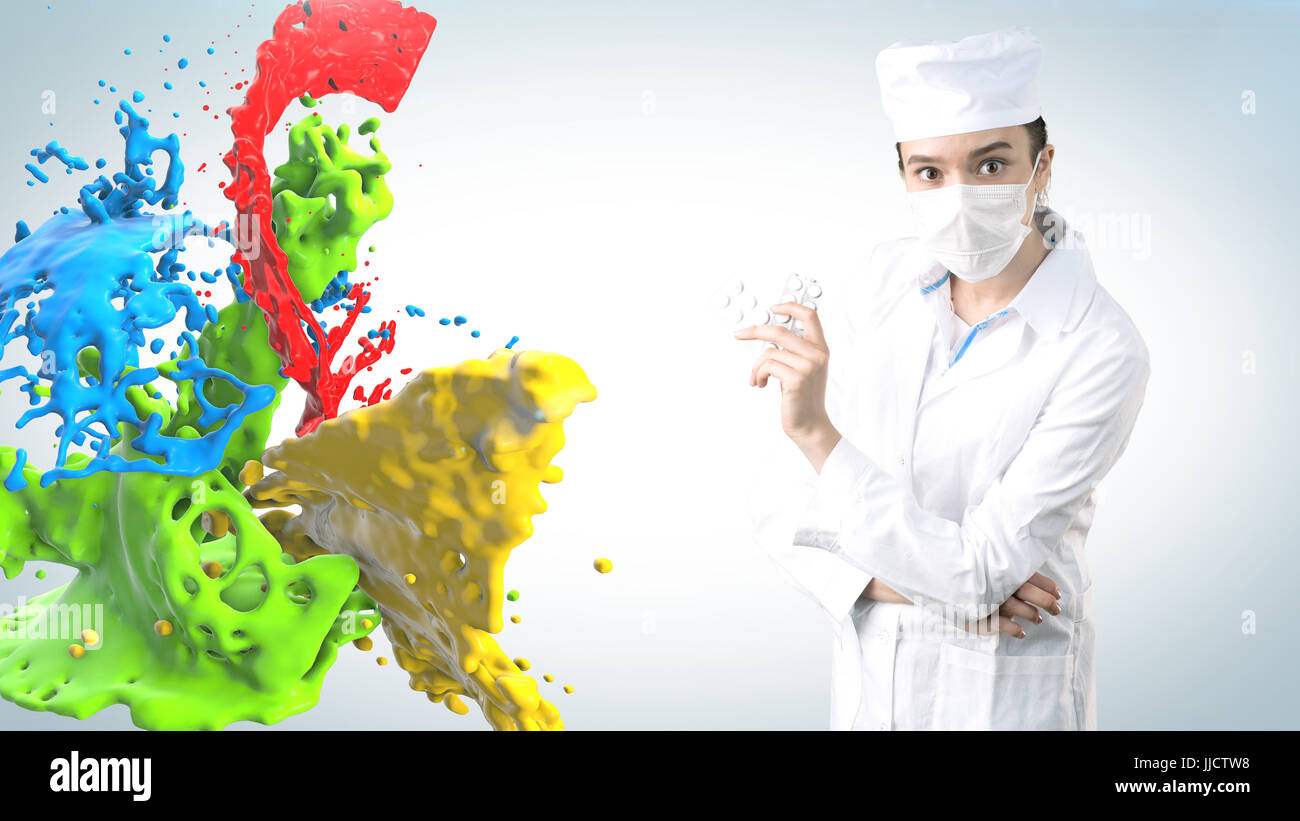 Beautiful medical woman doctor in uniform. Studio painted background ...