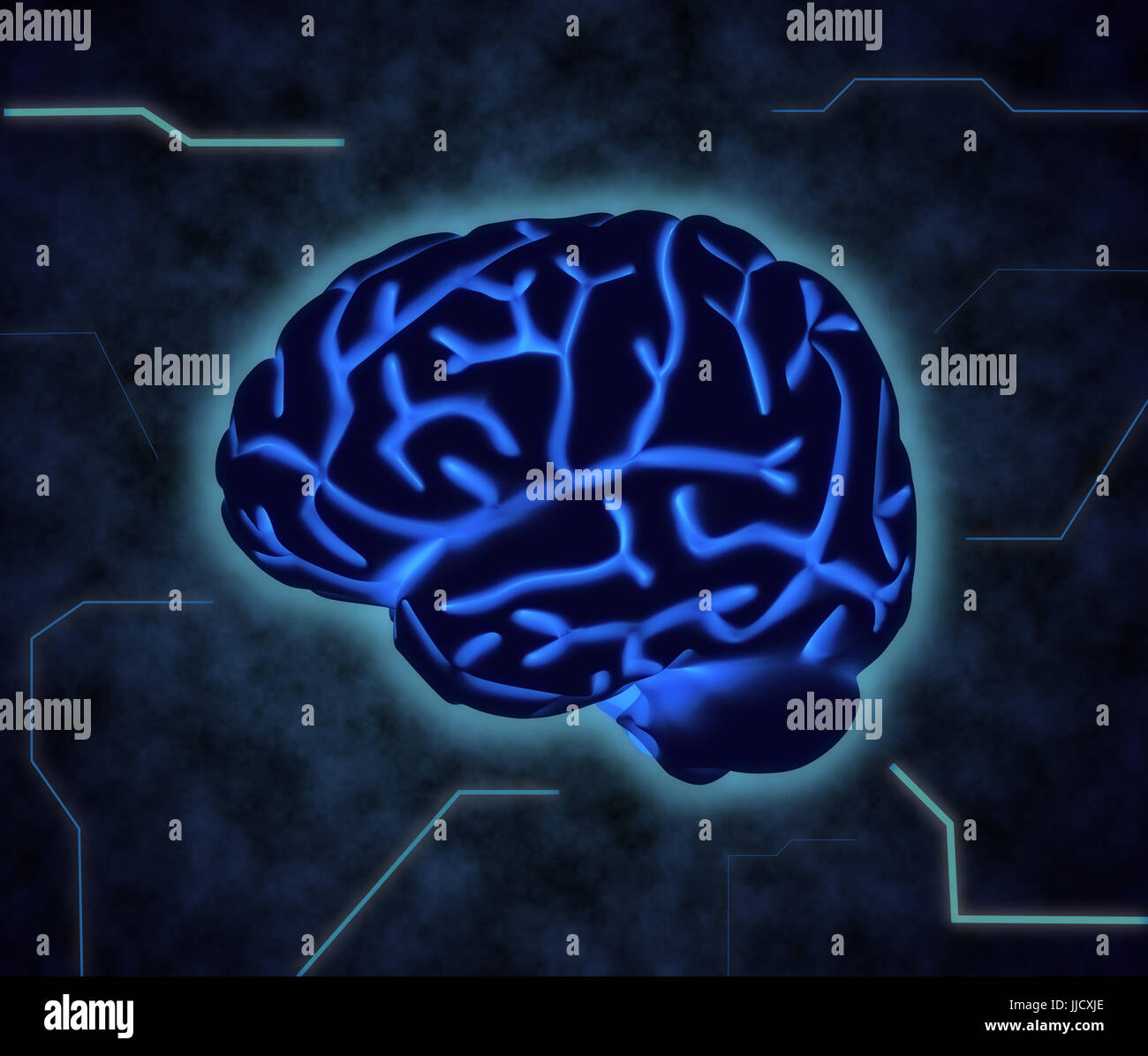 The human brain in blue shades with Hud elements. 3d render Stock Photo ...