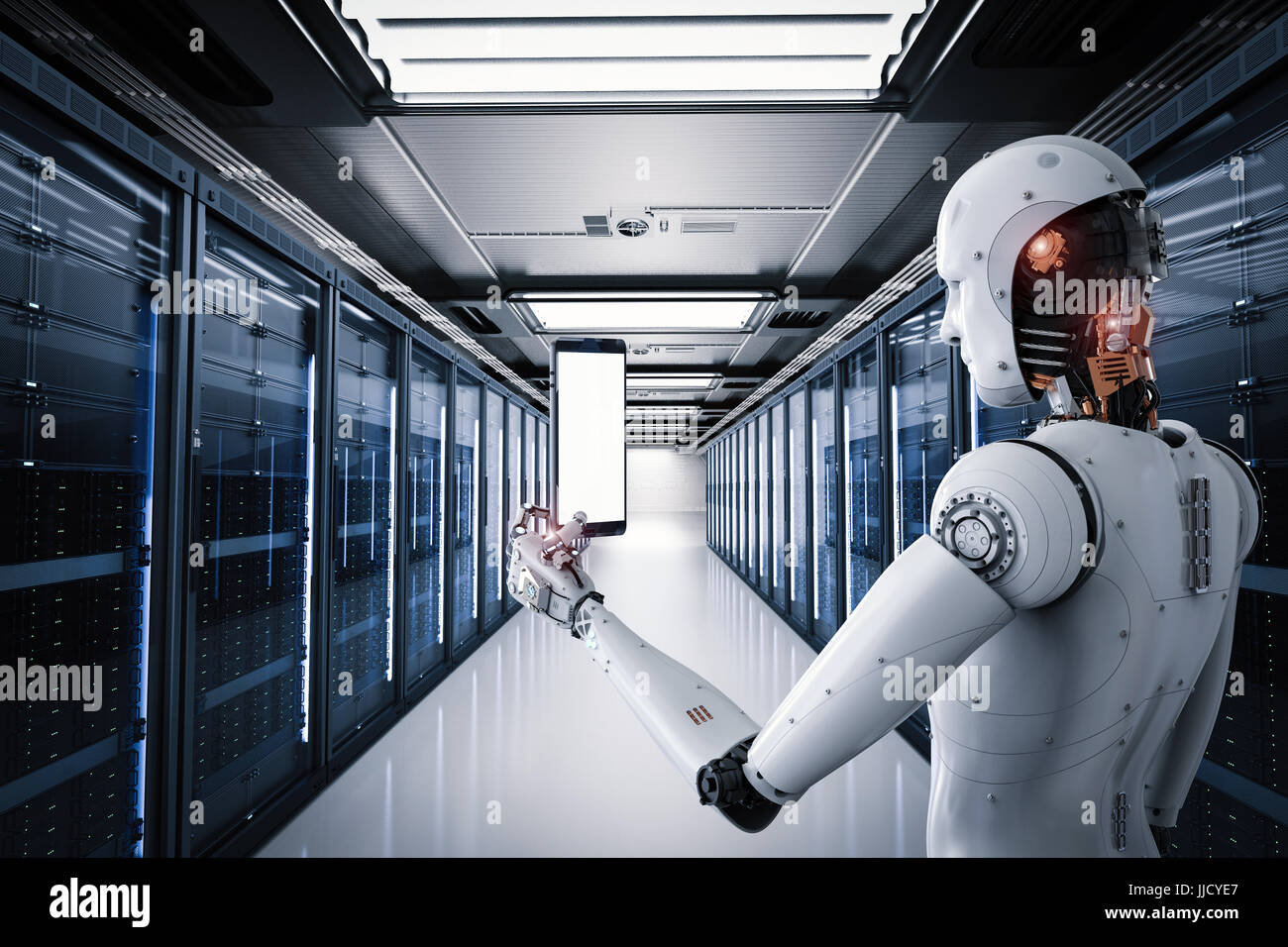 3d rendering robot working in server room Stock Photo - Alamy