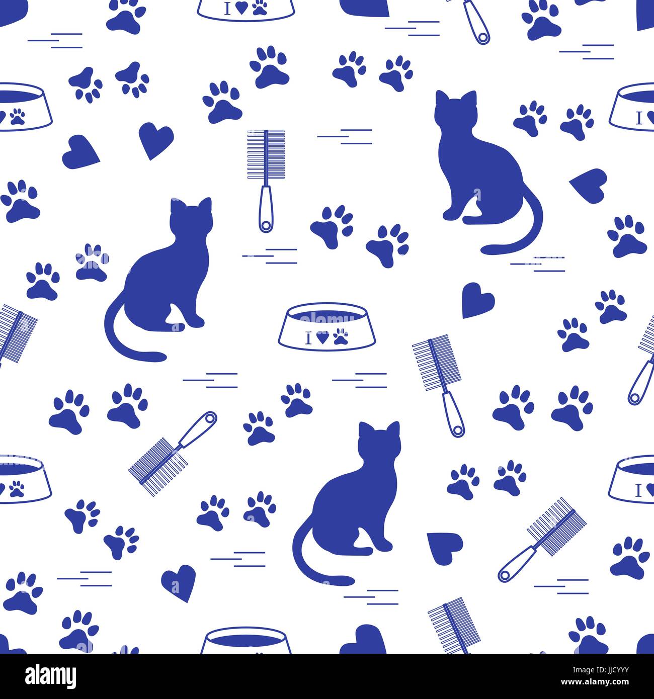 Nice pattern of silhouette sitting cat, traces, hearts, bowl and comb ...