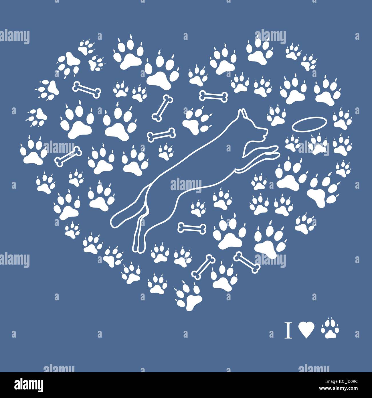Nice picture of jumping dog silhouette on a background of dog tracks ...