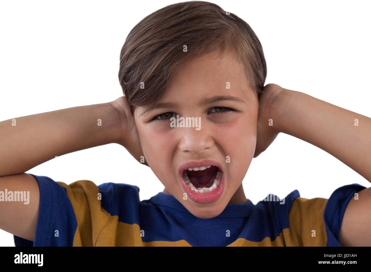 Cute boy shouting against white background Stock Photo - Alamy
