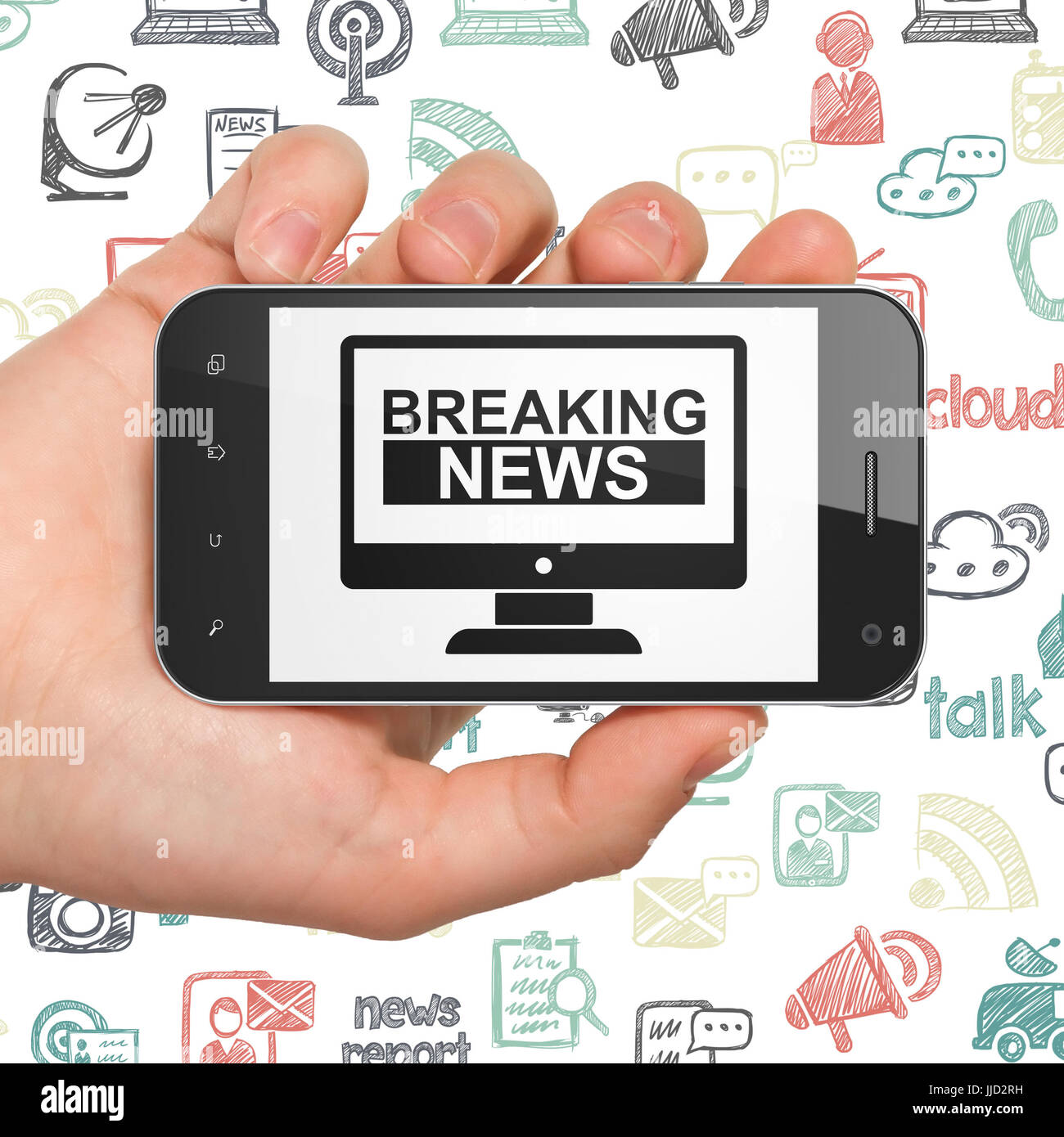 News concept: Hand Holding Smartphone with Breaking News On Screen on ...