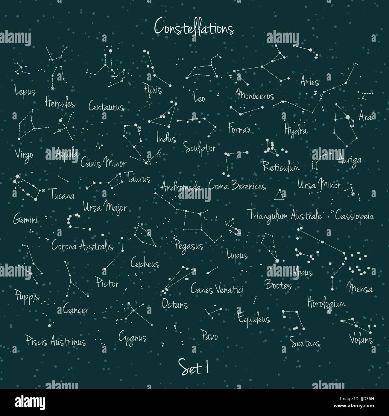 Vector big set of 45 constellations on green retro background ...