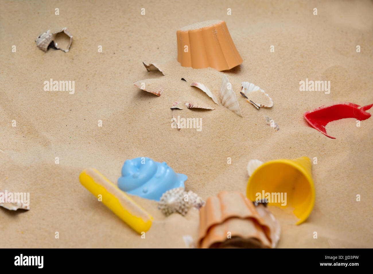 Colorful Beach Toys And Sea Shells In The Sand Stock Photo - Alamy