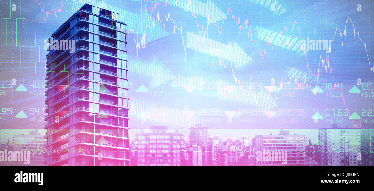 3d image of office buildings against stocks and shares Stock Photo - Alamy