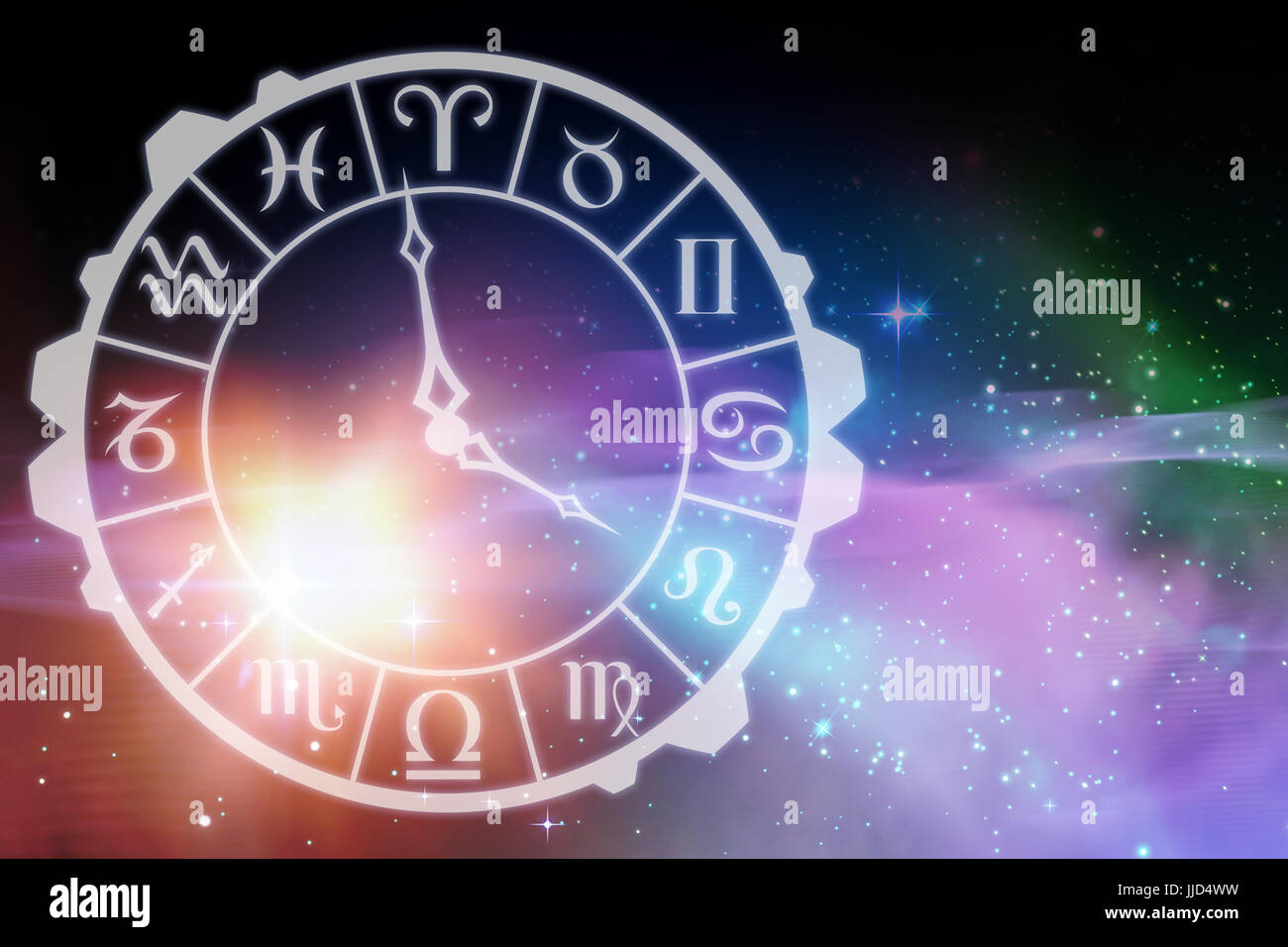 Composite image of clock with various Zodiac signs against vector image ...