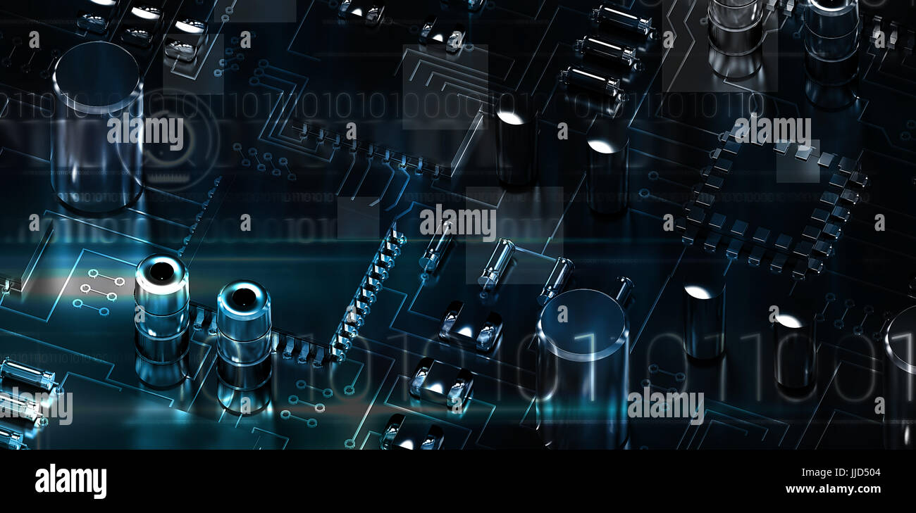 Blue technology design with binary code against close up of circuit ...