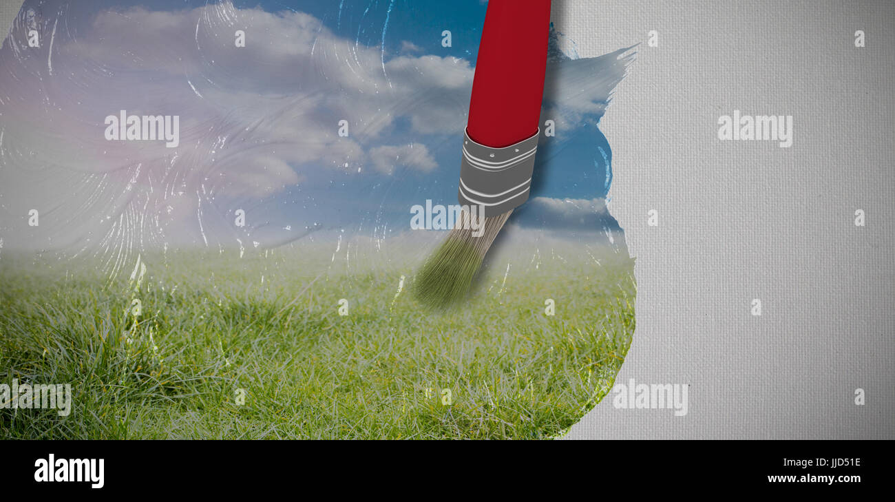 Computer graphic image of red paintbrush against sunny landscape Stock ...