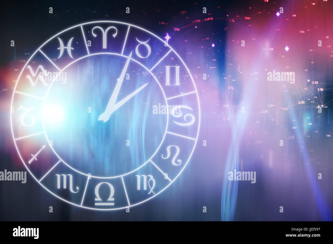 Vector image of clock with various Zodiac signs against illustration of ...