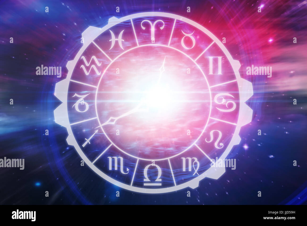 Digital image of clock with various Zodiac signs against composite ...