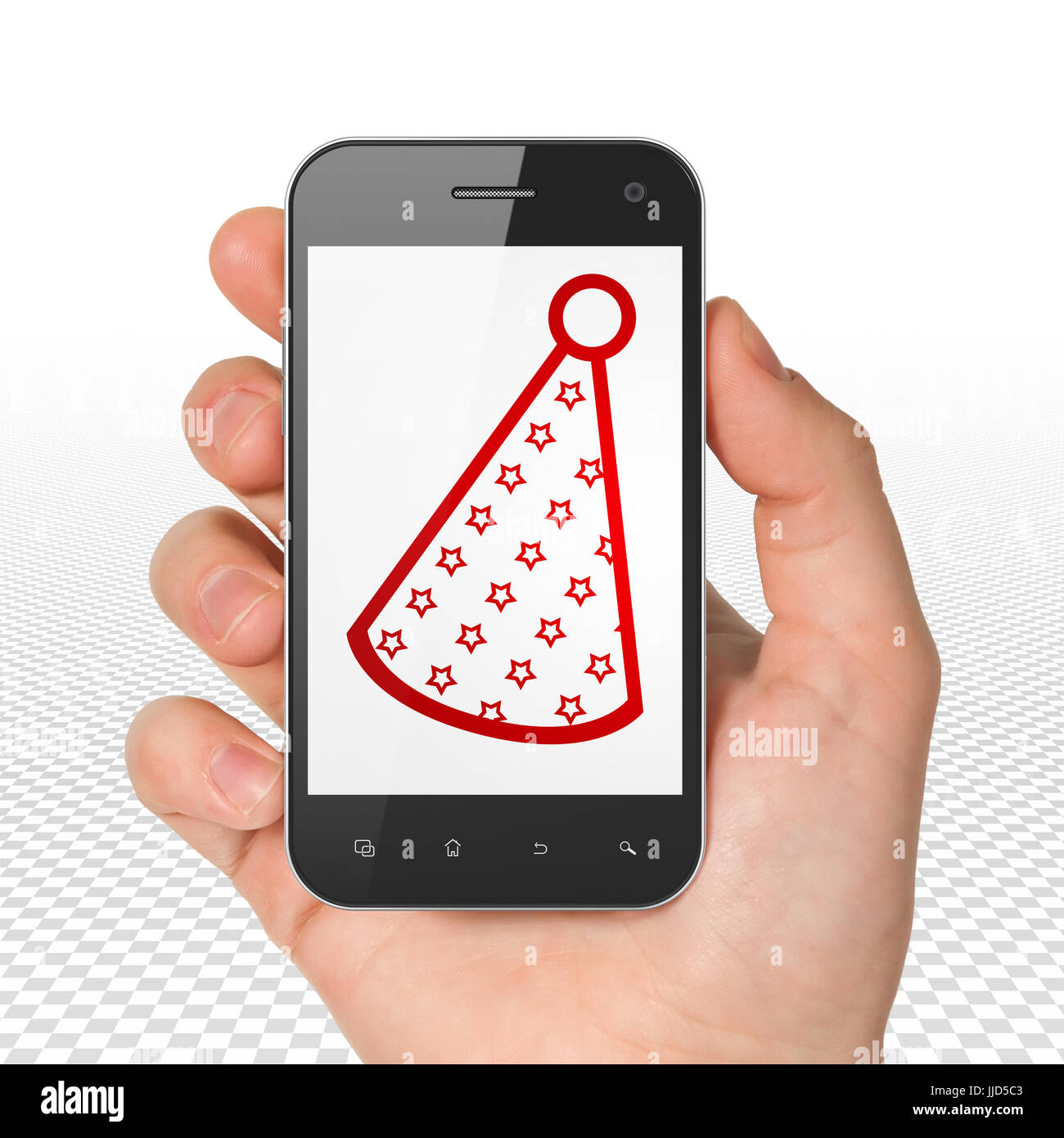 Entertainment, concept: Hand Holding Smartphone with Party Hat on ...