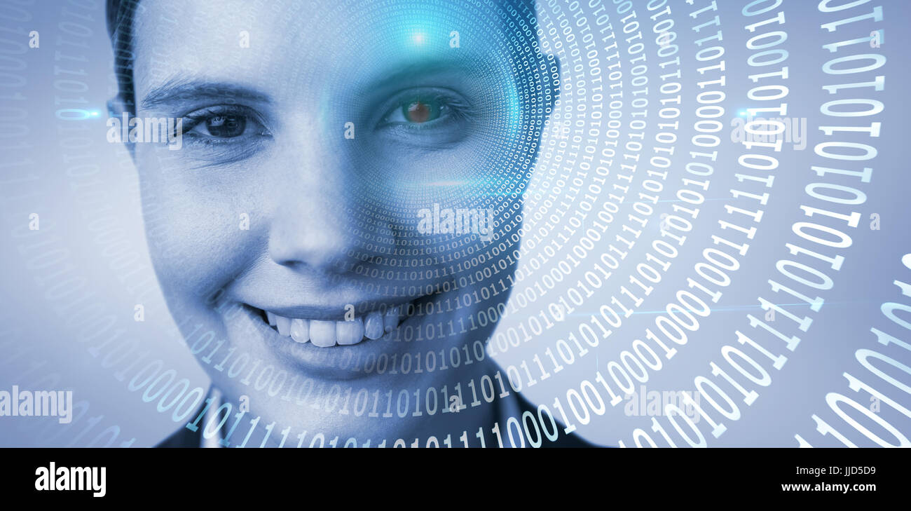 Portrait of smiling businesswoman against spiral of shiny binary code ...