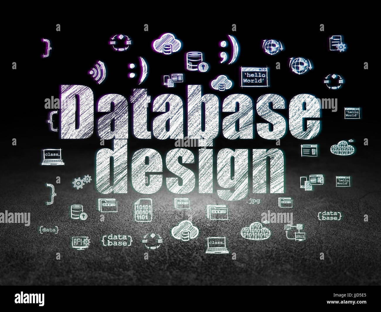 Software concept: Database Design in grunge dark room Stock Photo - Alamy