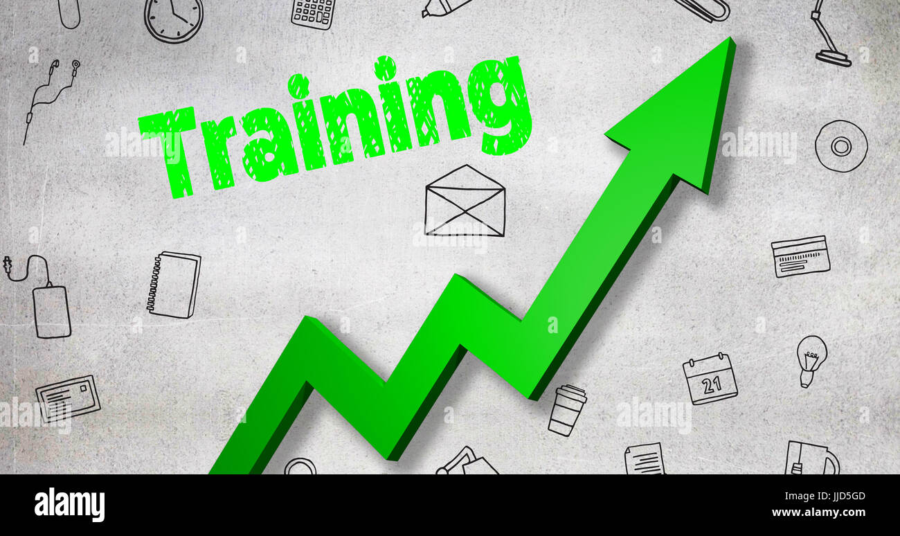 Digitally generated image of Training text against black wall Stock ...