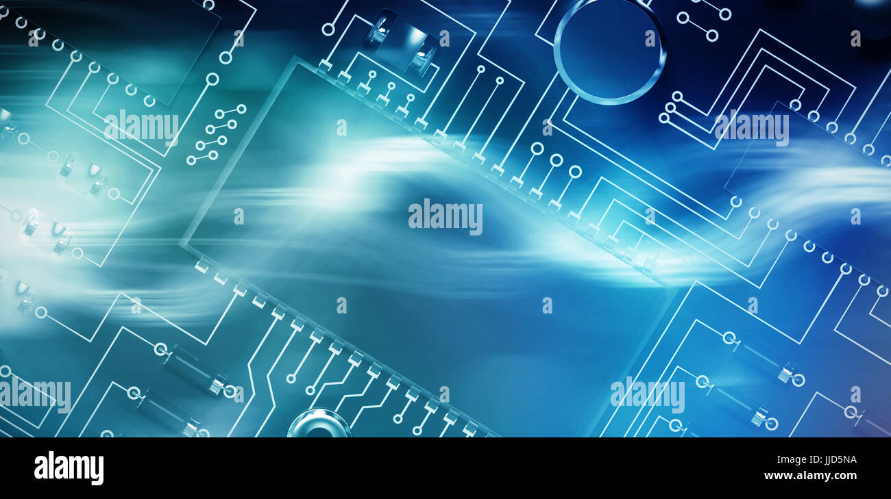 Close up of circuit board against curved laser light design in purple ...