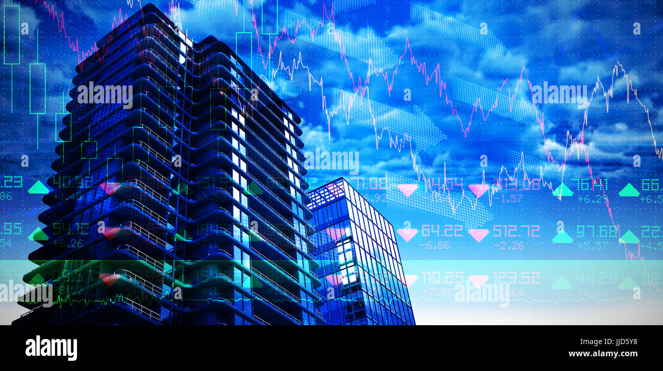3d illustration of office buildings against stocks and shares Stock ...
