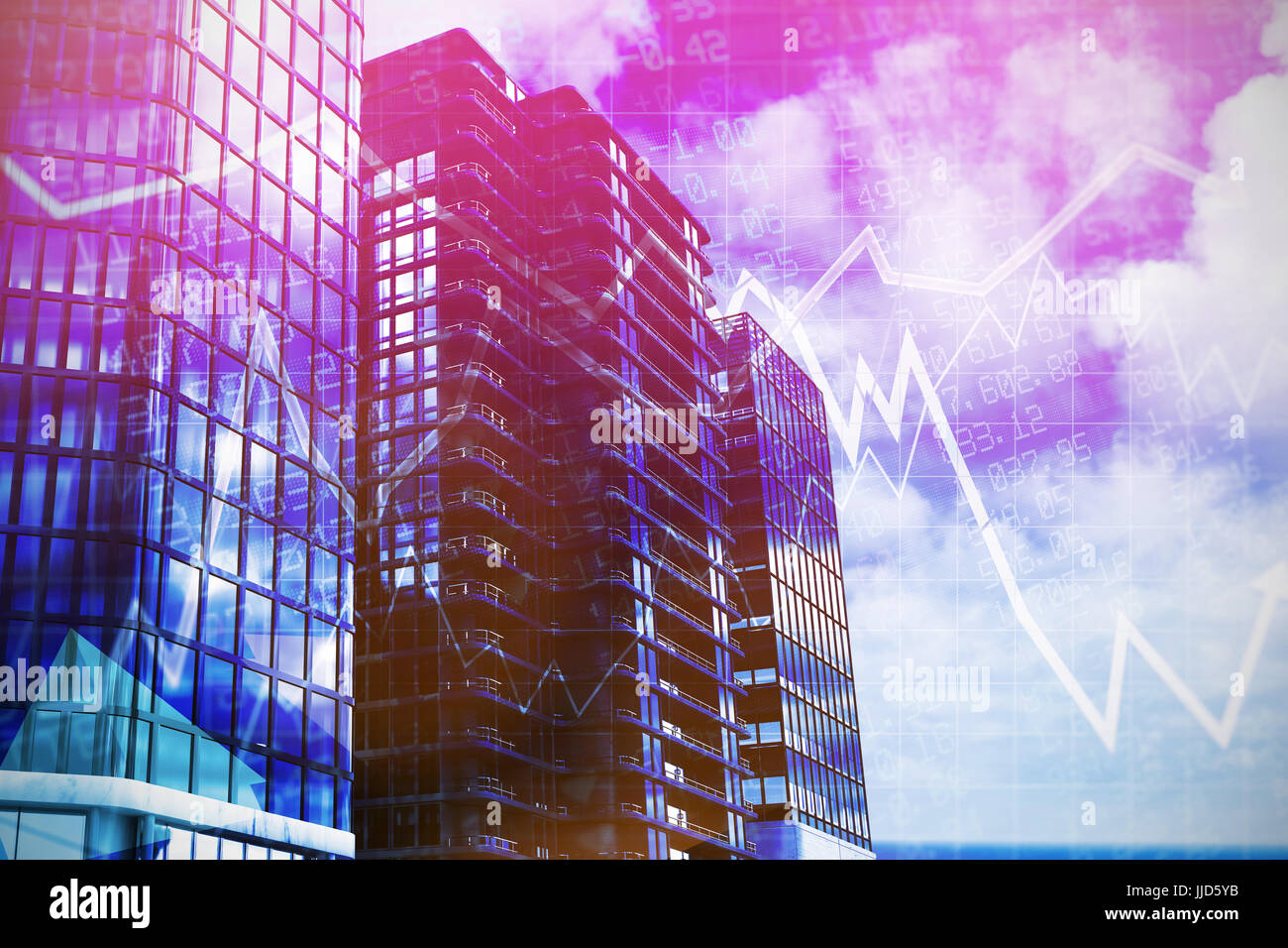3d image of glass buildings against stocks and shares Stock Photo - Alamy