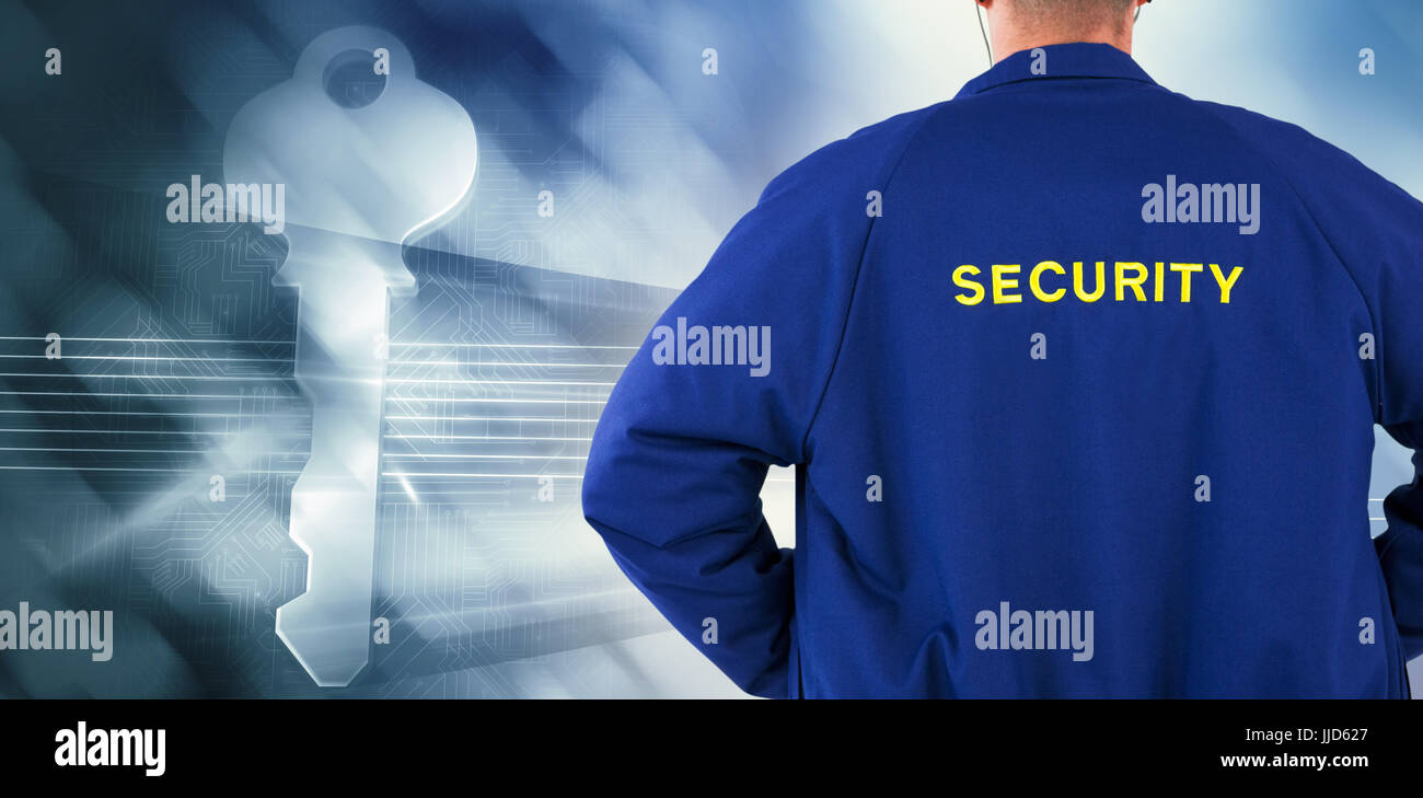 Rear view of security officer in uniform against virus background Stock ...