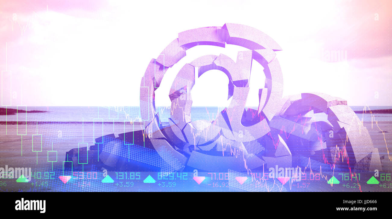 3d image of broken At sign with various symbols against stocks and ...