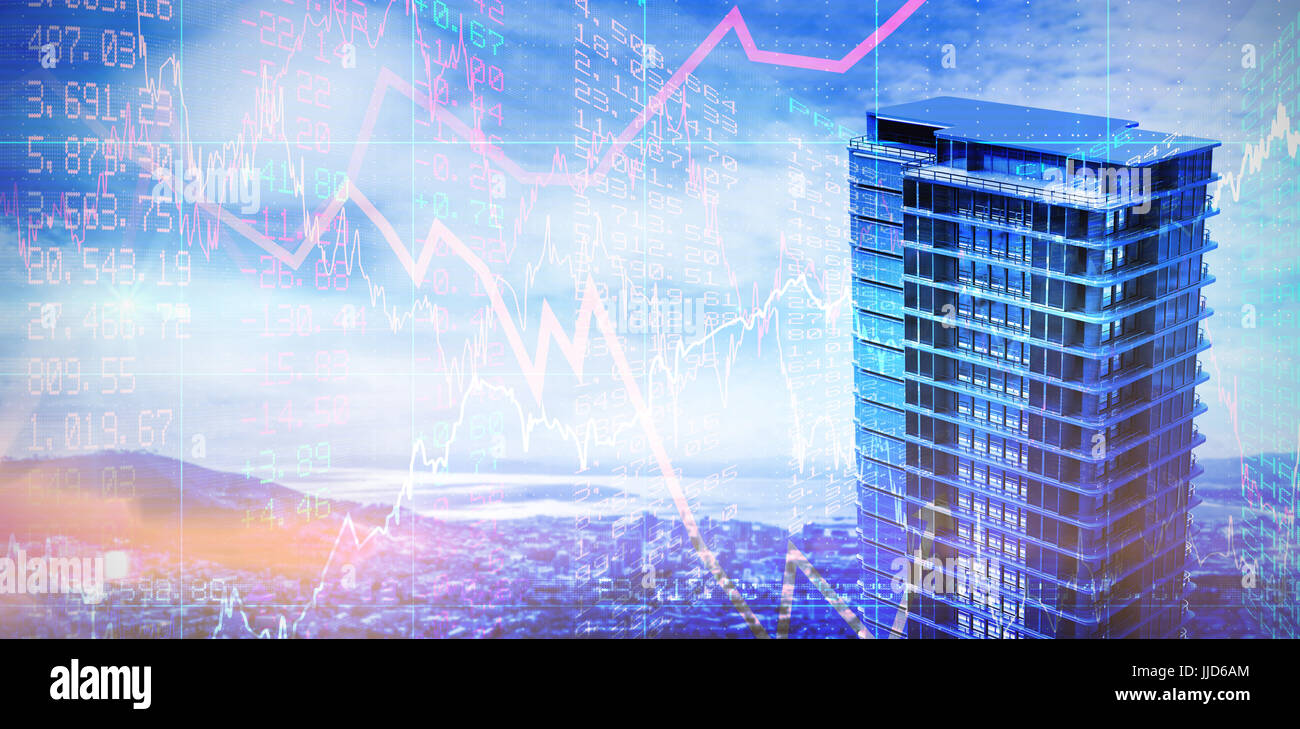 3d illustration of modern office buildings against stocks and shares ...