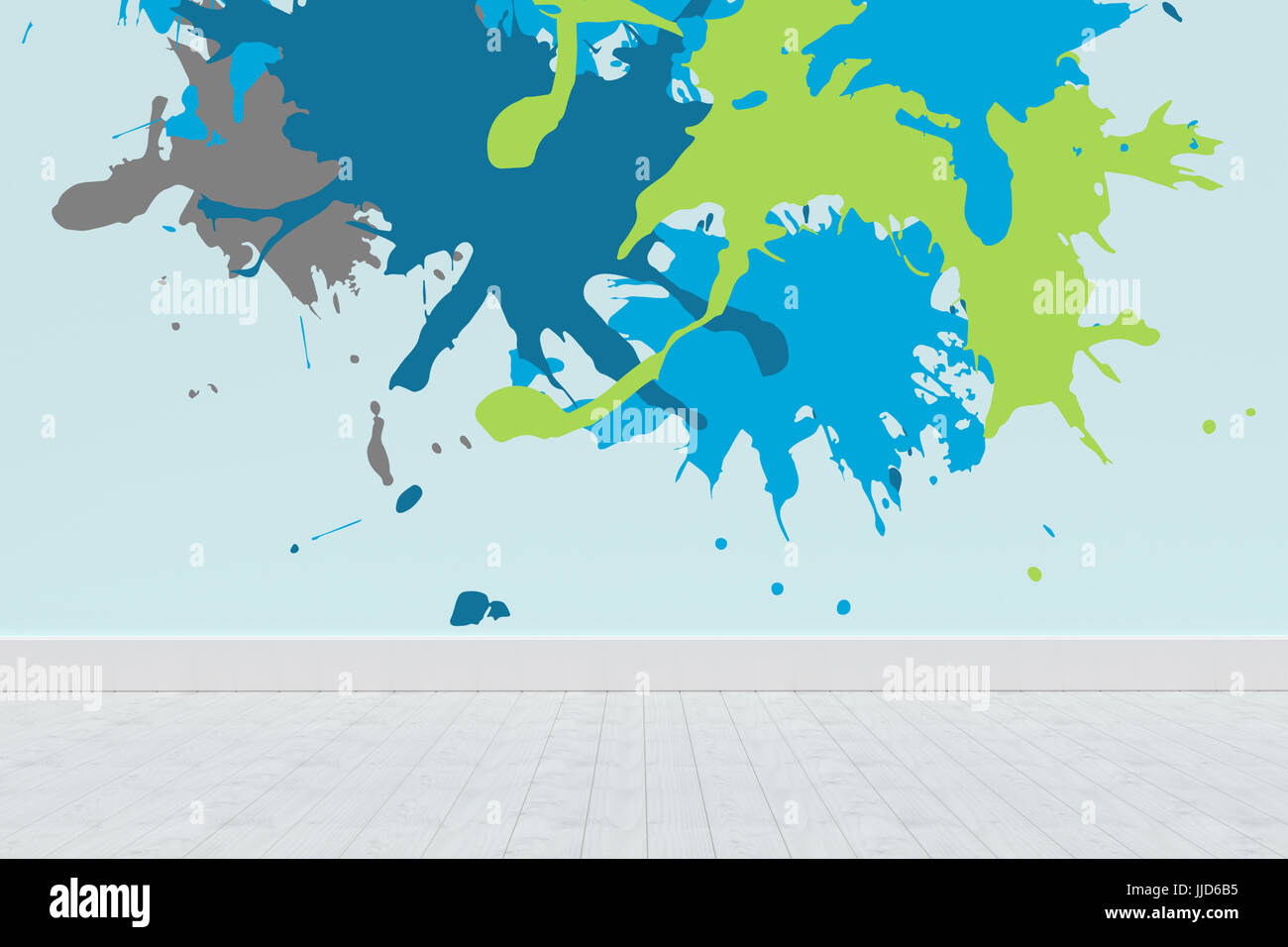 Colourful paint splashes against blue wall by hardwood floor Stock ...