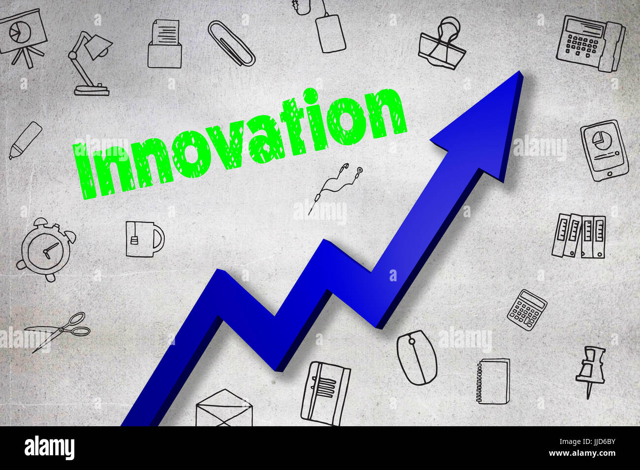 Digitally generated image of Innovation text against black wall Stock ...