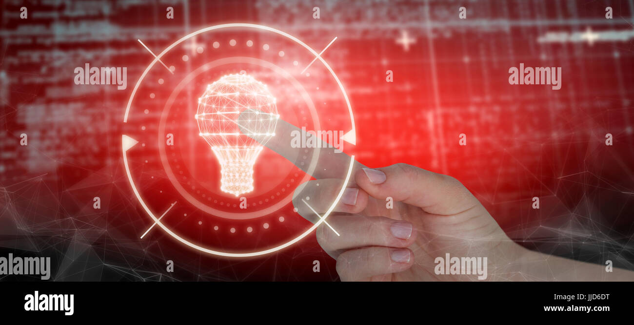 Cropped hand pointing on white background against lines of blue matrix ...