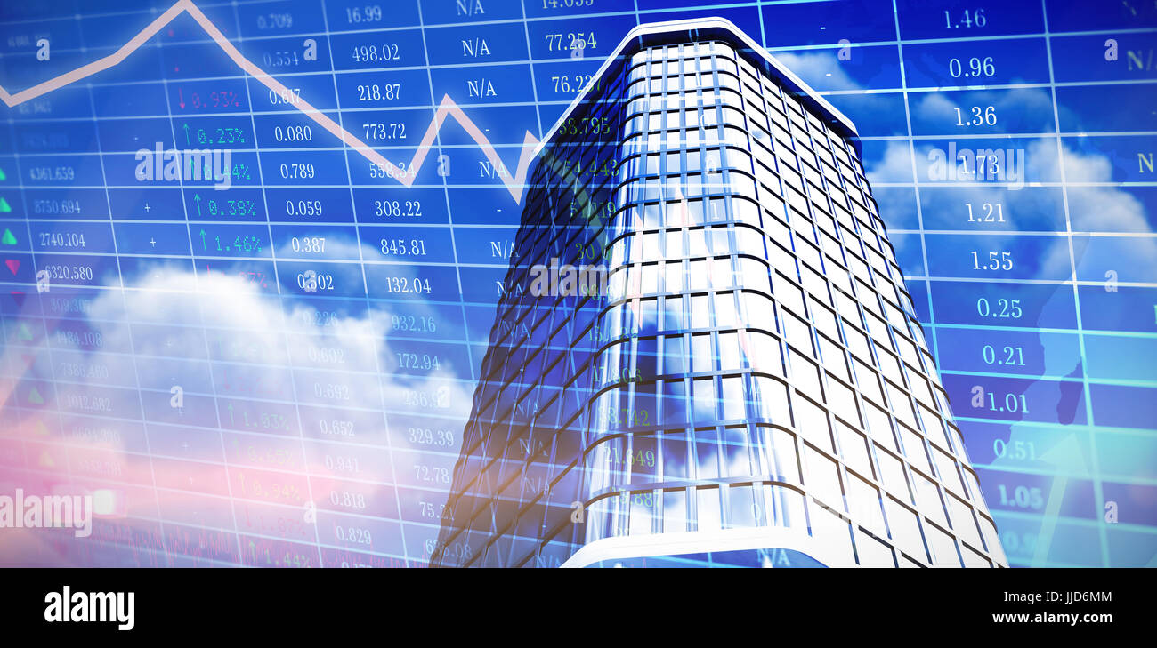 3d illustration of modern office building against stocks and shares ...