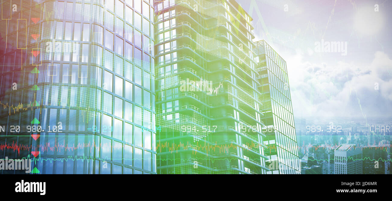3d image of glass buildings against stocks and shares Stock Photo - Alamy