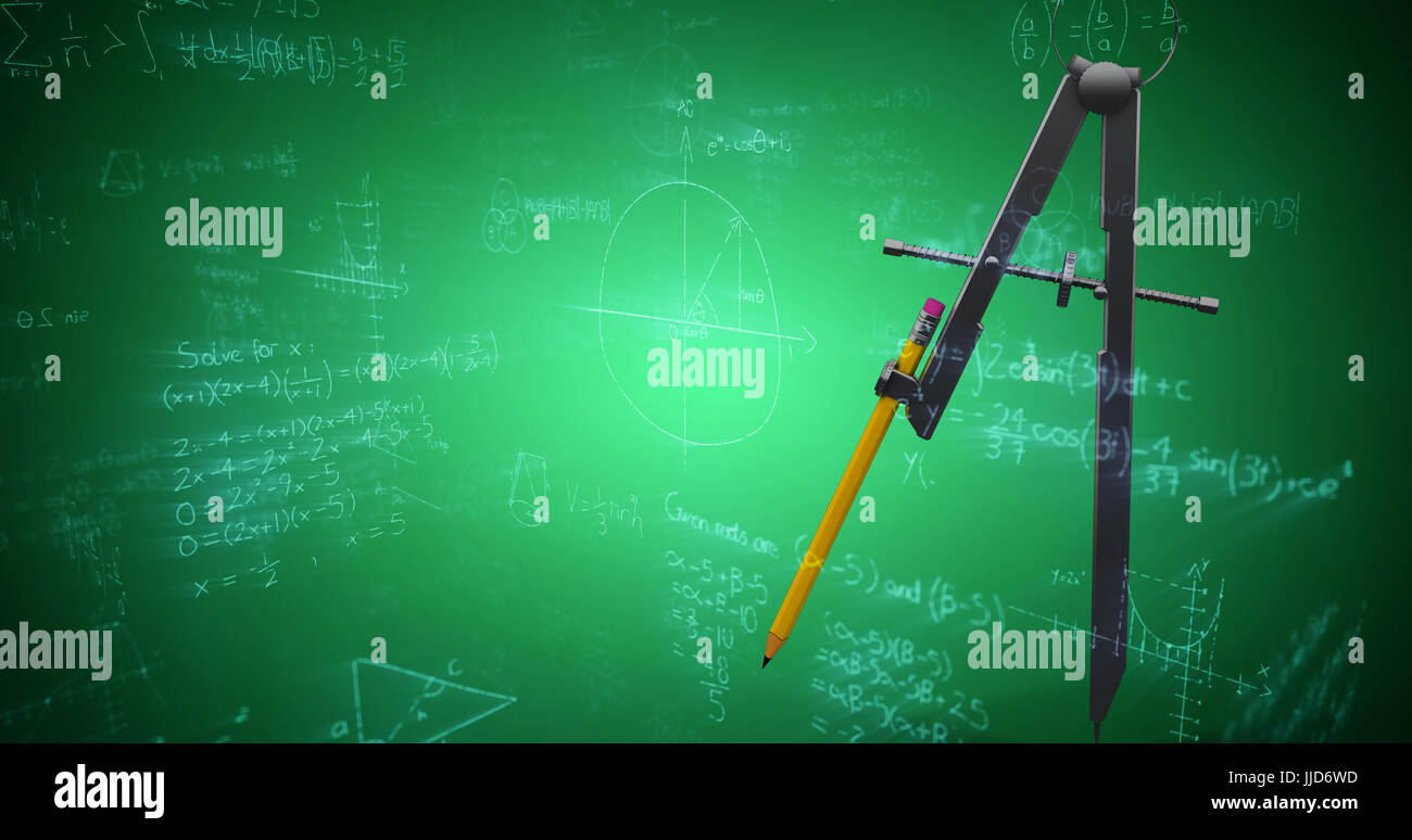 Graphic image of drawing compass with pencil against green vignette ...