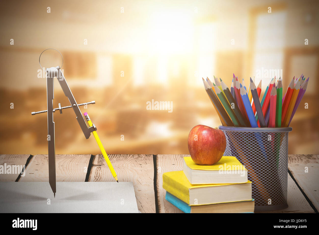 Graphic image of drawing compass with pencil against computer room ...