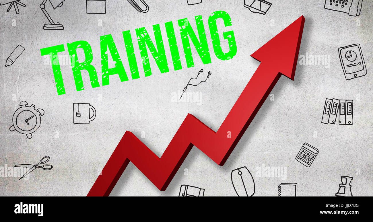 Digitally generated image of Training text against black wall Stock ...