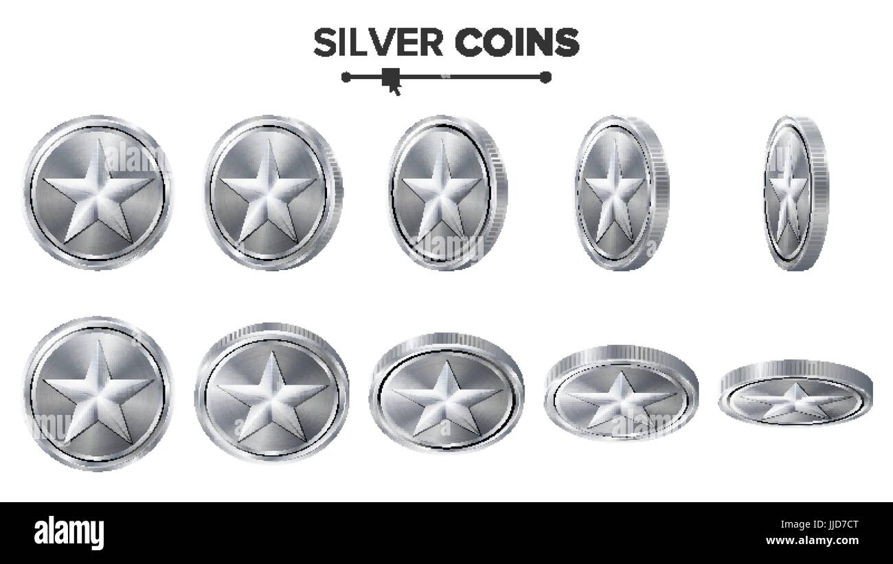 Game 3D Silver Coin Vector With Star. Flip Different Angles ...