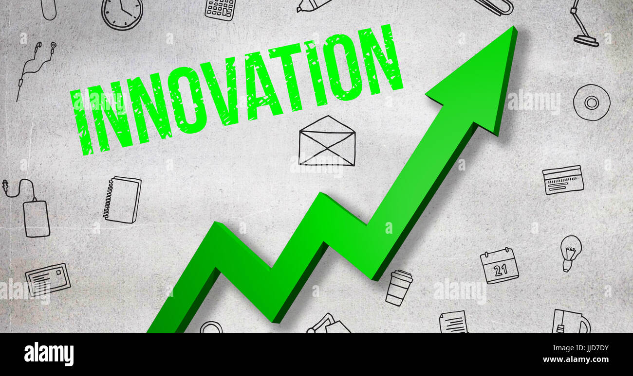 Digitally generated image of Innovation text against black wall Stock ...