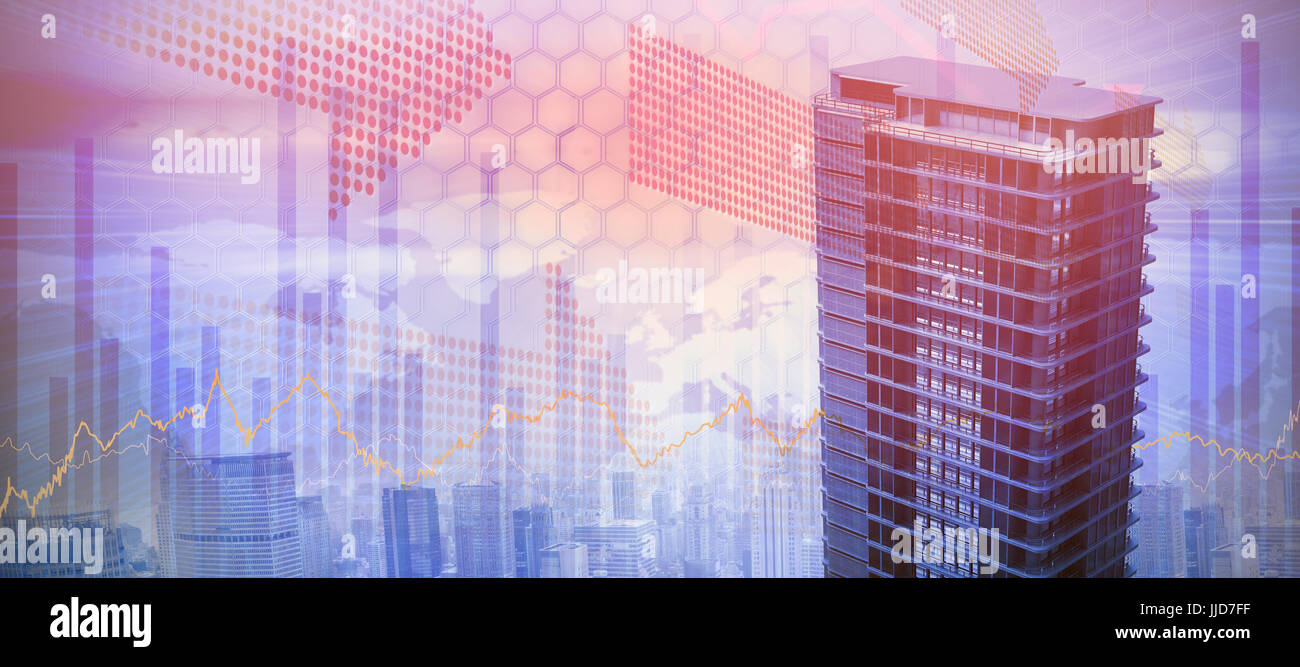 3d illustration of modern office buildings against stocks and shares ...