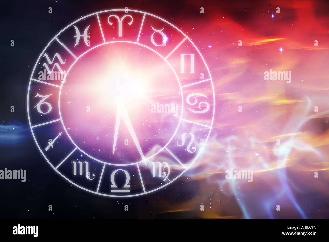 Graphic image of clock with various Zodiac signs against vector image ...