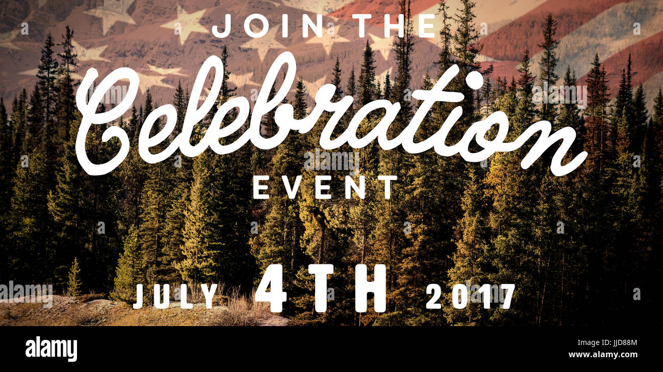 Computer graphic image of independence day message against pine trees ...